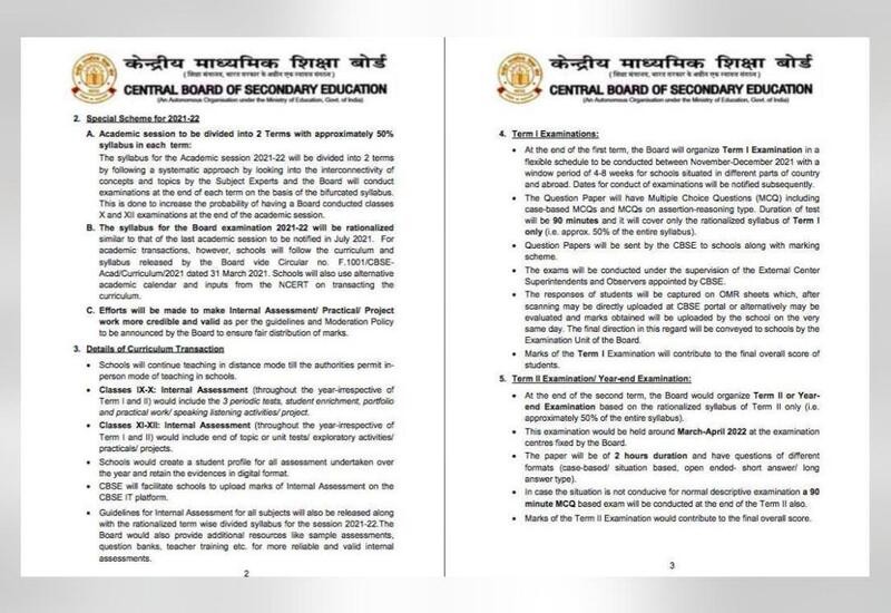 CBSE Class 10, 12 board exams for 2021-22 to be held in two terms